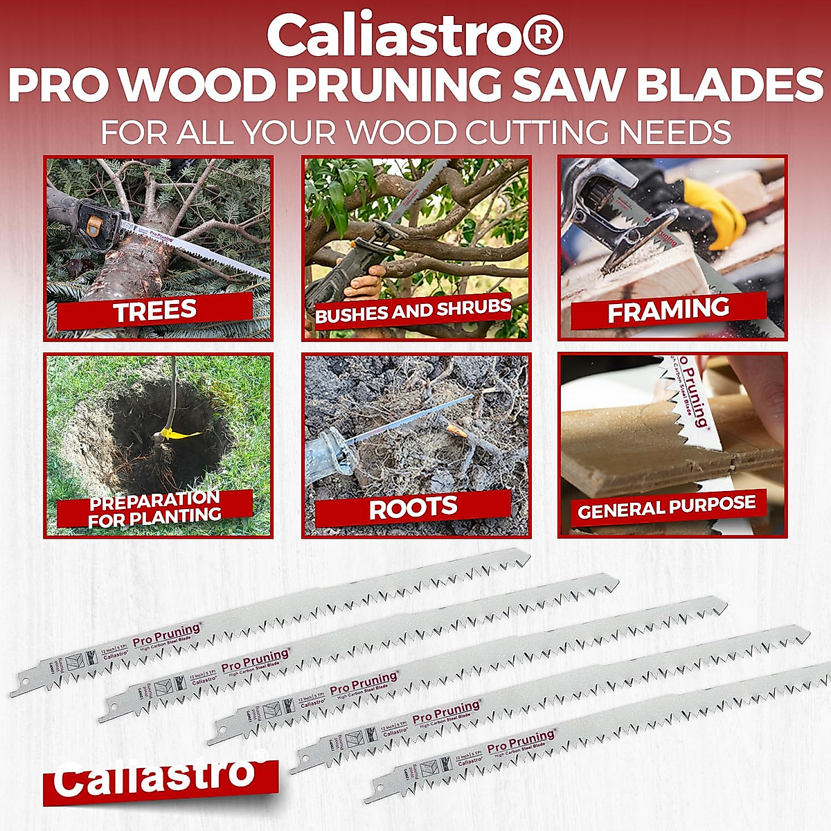 Caliastro 12-Inch Wood Pruning Saw Blades for Reciprocating/Sawzall Saws - 5 Pack