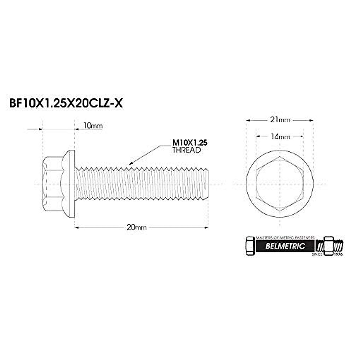 (15pcs) BelMetric M10X1.25X20mm JIS Hex Head Flange Bolt 14mm Wrench, Class 10.9 Plated Zinc for Automobile, Motorcycle, and Mechanical Applications BF10X1.25X20CLZ