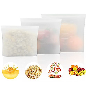 Bongpuda Silicone Ziplock Bags Food Storage Organizers, Frozen Veggies Gallon Bags, Reusable Snack Bags For Kids - Fresh Vegetables, Cook, Store, Sous Vide, Or Freeze | Leakproof (Stand-Up Bags 3 Packs)