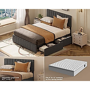 Gizoon Queen Bed Frame with 4 Storage Drawers, Upholstered Platform Bed with Headboard Adjustable, Fits 6” to 12” Mattress, No Box Spring Needed (Dark Grey)