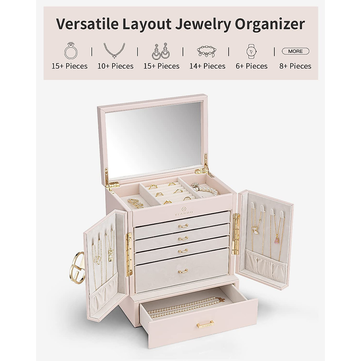 Vlando Large Jewelry Organizer Box for Women,Faux Leather Jewelry Storage with 5 Drawn,Watch Necklace Rings Earrings Case for Mothers Day Gift for Mom Wife Women（Apricot White）