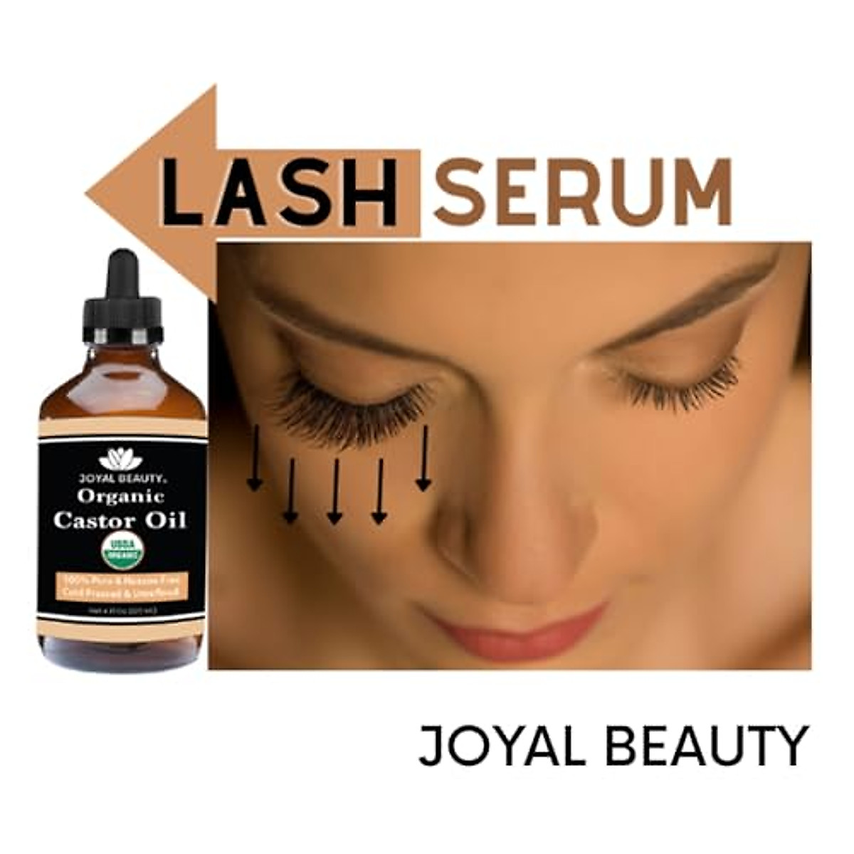 JOYAL BEAUTY Castor Oil USDA Certified Organic(4oz). 100% Pure Cold Pressed Unrefined Hexane Free Glass Bottle. Hair Eyelashes Eyebrows Lash Serum. For Face, Skin, Body, Belly Button. Free Mascara
