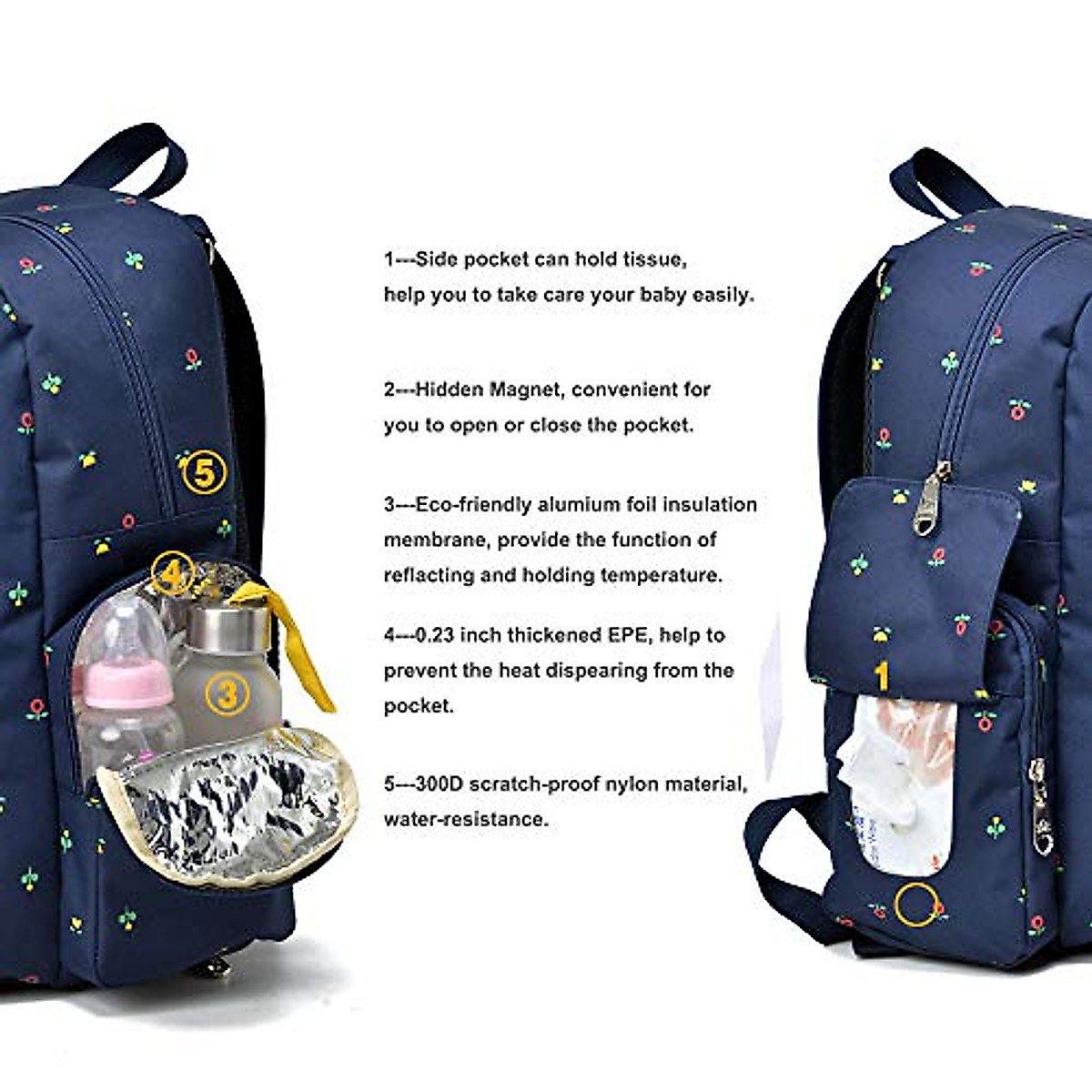 QIMIAOBABY diaper bag backpack, multifunctional and large-capacity travel diaper storage bag (Blue florets)