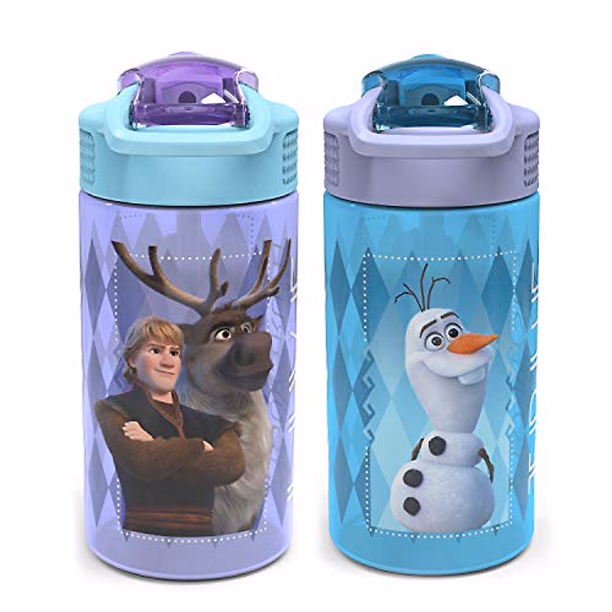 Zak Designs Disney Frozen 2 Kids Water Bottle Set with Reusable Straws and Built in Carrying Loops, Made of Plastic, Leak-Proof Water Bottle Designs (Elsa & Anna, 16 oz, BPA-Free, 2pc Set)
