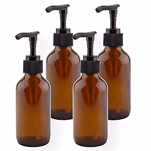 Cornucopia 4oz Amber Glass Pump Bottles (4-Pack); Great for Lotions, Liquid Soap, Aromatherapy and More