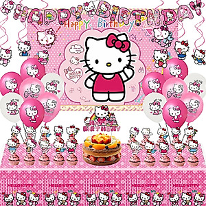 Kitty Birthday Party Supplies, Cute Kitty Party Favor Pink Party Decorations includes Happy Birthday Banner, Balloons, Backdrop, Cake Topper, Tablecloth, Hanging Swirl