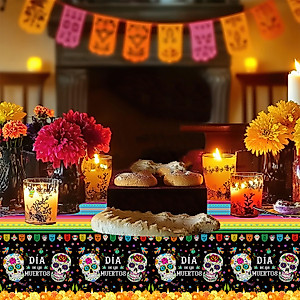 MEHOFOND 3pcs Day of The Dead Tablecloth Dia De Los Muertos Table Cover Sugar Skull Floral Table Cover Mexican Fiesta Plastic Tablecloth for Halloween Mexican Fiesta Party Supplies, 54 x 108 Inch