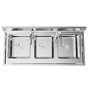3-Compartment Sink, 304 Stainless Steel Utility Sink Outdoor Sink Freestanding Utility Sink with 2 Hot & Cold Faucet Commercial Triple Bowl Kitchen Sink for Bar Kitchen Each Sink 11"L x 9"W x 7"H
