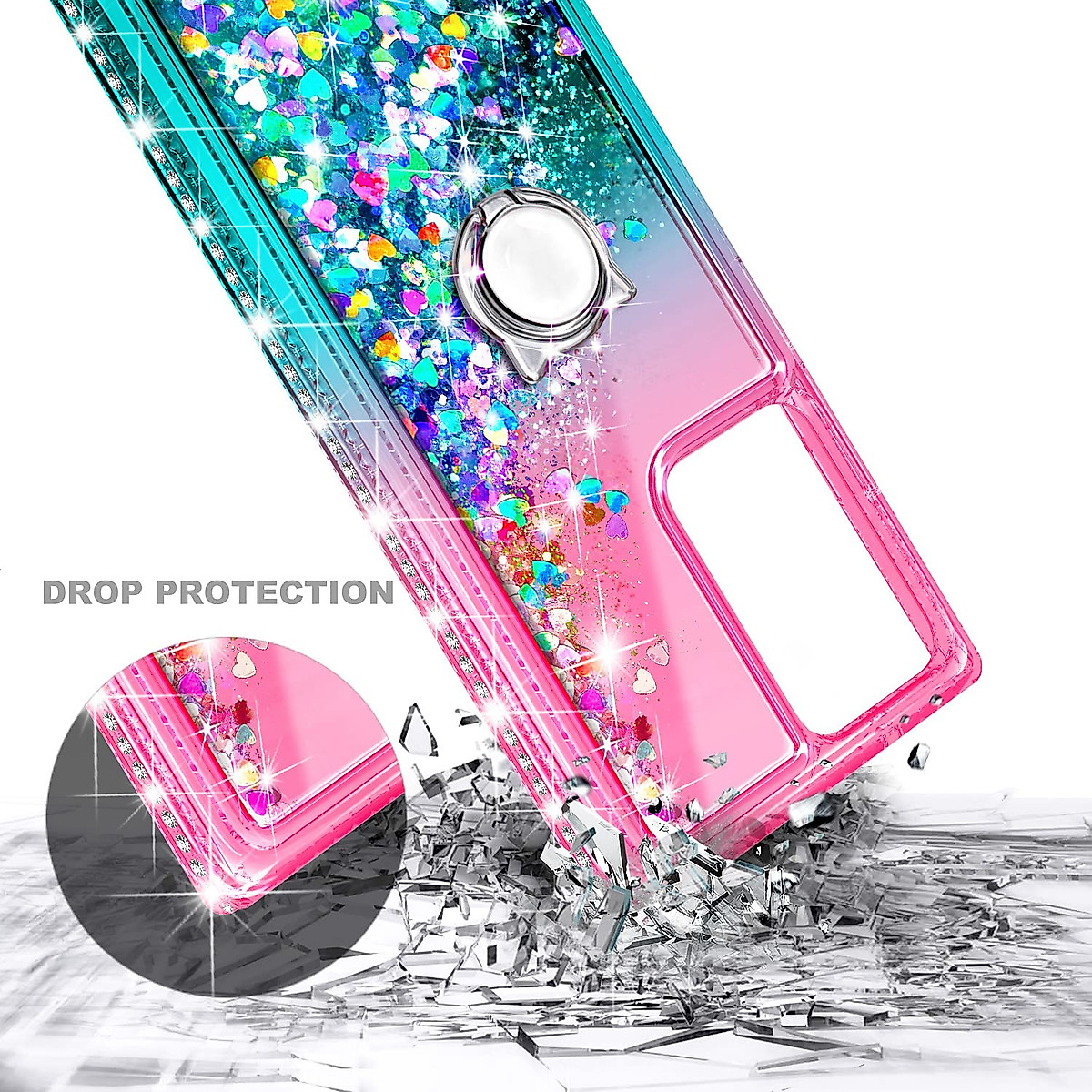 NGB Samsung Galaxy Note 20 Ultra Case with Screen Protector (Maximum Coverage, Flexible TPU Film), Ring Holder, Girls Women Liquid Bling Sparkle Fashion Glitter Clear Cute Case (Pink/Aqua)