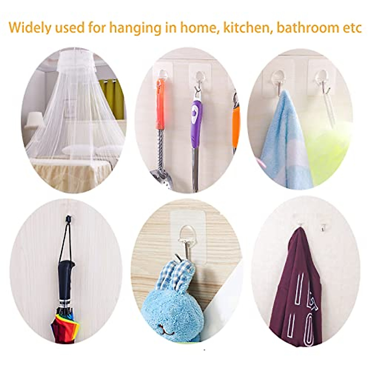 COLOGO 100 Pack Adhesive Hooks 24lb(Max) Heavy Duty Self Adhesive Hooks, Transparent Reusable Seamless Adhesive Wall Hooks for Kitchens, Bathroom, Office