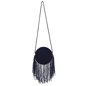 QTKJ Boho Long Cotton Tassels Crochet Flower Mini Crossbody Bag Handwoven Summer Beach Round Shoulder Bag with Zipper (Navy Blue)