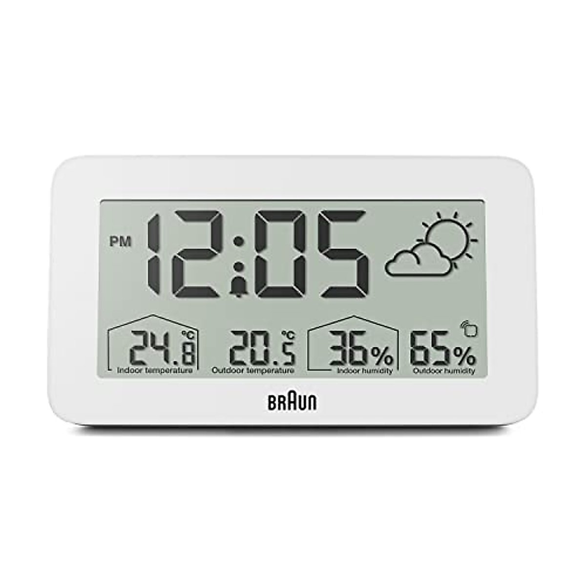 Braun Digital Weather Station Clock with Indoor and Outdoor Temperature and Humidity, Forecast, LCD Display, Quick-Set, Crescendo beep Alarm in White, Model BC13WP.