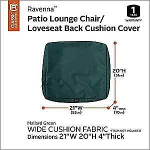 Classic Accessories Ravenna Water-Resistant 21 x 20 x 4 Inch Outdoor Back Cushion Slip Cover, Patio Furniture Cushion Cover, Mallard Green, Patio Furniture Cushion Covers