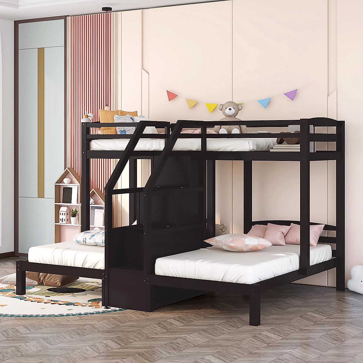 Harper & Bright Designs Triple Bunk Bed with Stairs, Twin Bunk Beds for 3, Wooden Bunk Bed with Built-in Staircase and Little Drawer for Kids Teens Adults, Espresso