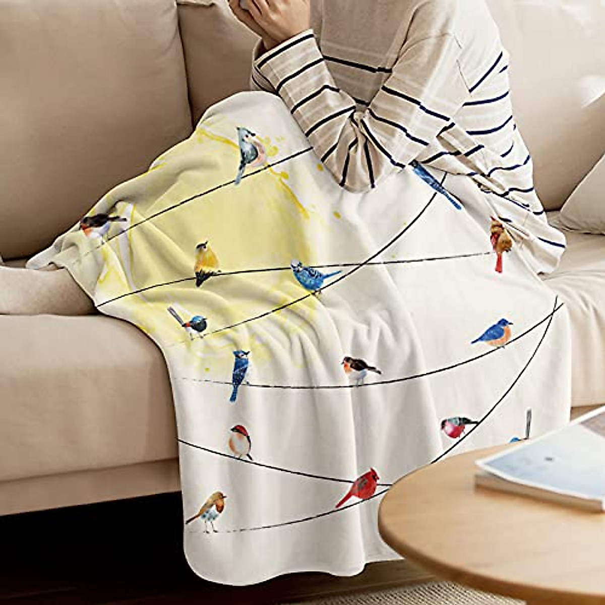 Fleece Throw Blanket, Cute Birds on The Wire Robin Cardinal Lightweight Warm Cozy Soft Flannel Blankets for Couch Bed Sofa Camping for All Seasons, 40"x60"