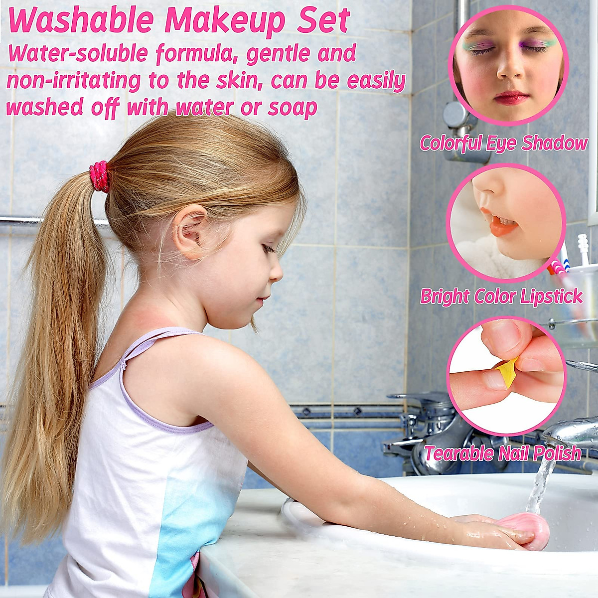 Vextronic Kids Makeup Sets for Girls, Washable Toddler Makeup Kit, Non Toxic & Safe Pretend Play Makeup for Kids Ages 3 4 5 6 7 8 9 10 11 12, Little Girls Makeup Kit Toy, Christmas & Birthday Gift