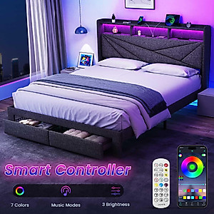 Driftalia LED Queen Bed Frame with 2 Storage Drawers, Upholstered Bed Frame Queen Size with Headboard and Charging Station, No Box Spring Needed, Easy to Assembly-Dark Grey