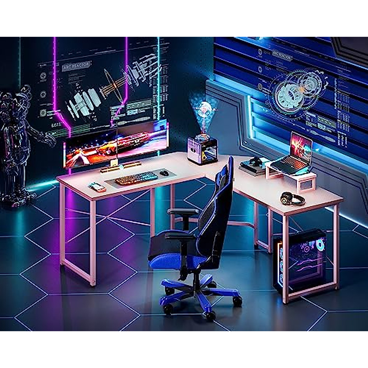 ODK L Shaped Gaming Desk, 51 Inch Computer Desk with Monitor Stand, PC Gaming Desk, Corner Desk Table for Home Office Sturdy Writing Workstation, Carbon Fiber Surface, Pink…