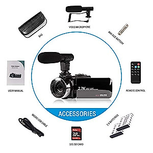 Vmotal Video Camera Camcorder with Microphone, 2.7K HD 42.0 MP 18X Digital Zoom 1080P Vlogging YouTube Recorder, 270 Degree Rotation 3.0 Inch Screen with 2 Batteries Inculde 32GB SD Card