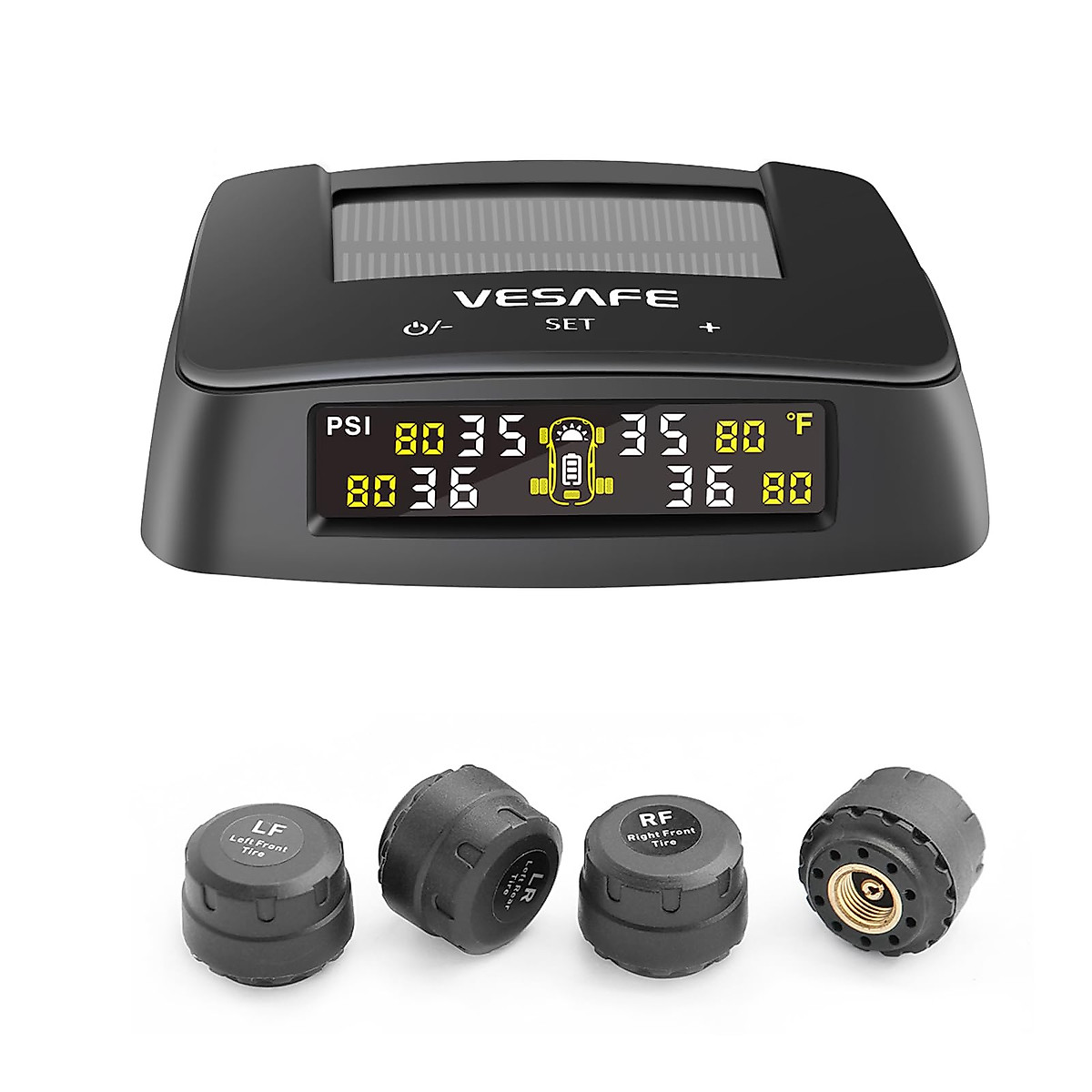 VESAFE Wireless tire Pressure Monitoring System, TPMS, with Solar Charger, Different high/Low Pressure Limits for Two axles, auto Sleep Mode, only Work with Cars, not Work with Camping Vehicles