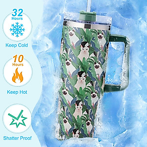 40 oz Tumbler with Handle and Straw, Cats with Leaves Insulated Travel Mug Iced Coffee Cup, Reusable Stainless Steel Insulated Water Bottle, Keeps Drinks Cold for 34 Hours, Dishwasher Safe, BPA Free