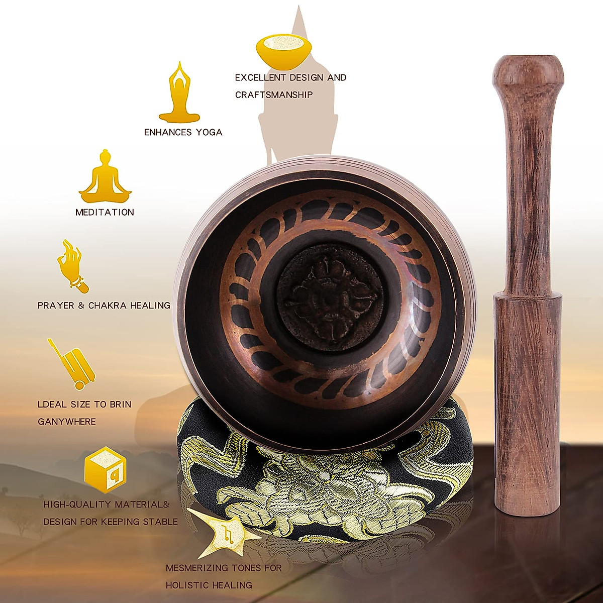 HYGD Black Tibetan Singing and Meditation Bowl Set with Cushion and Wooden Mallet Yoga Prayer Chakra Healing 3 1 Inches Easy to Carry