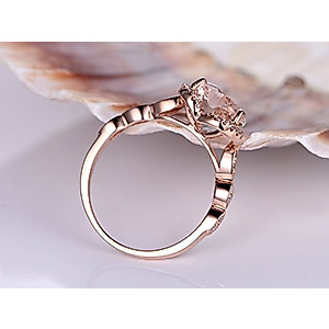 8mm Heart Shaped Cut Pink Morganite 14k Rose Gold Diamond Halo Marquise Engagement Ring Wedding Band