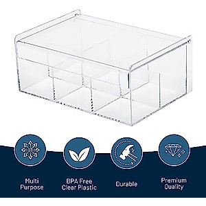 RoyalHouse Acrylic Tea Bag Holder Storage Organizer, 6 Compartment BPA Free Clear Plastic Tea Box with Lid, Multi-Purpose storage Box for Tea Bags, Office Supplies, Crafts, and Small Items (Pack of 3)