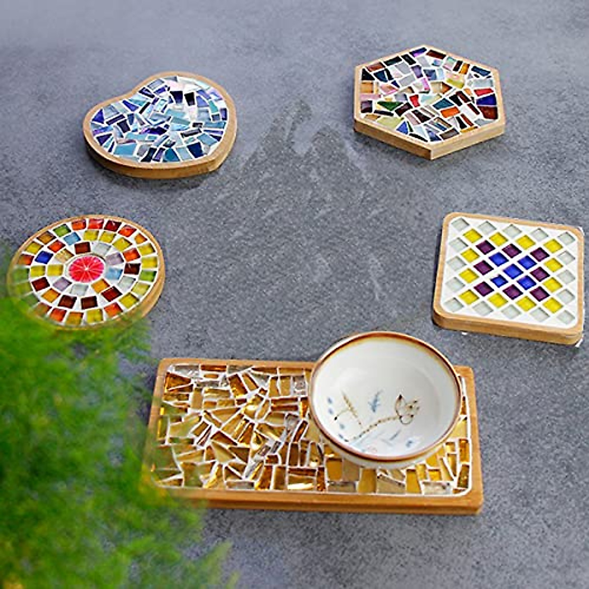 JUSTDOLIFE 5PCS Bamboo Tray Set Assorted Cup Coaster Succulent Pot Tray Mosaic Coaster Base DIY Craft (Burlywood 1)