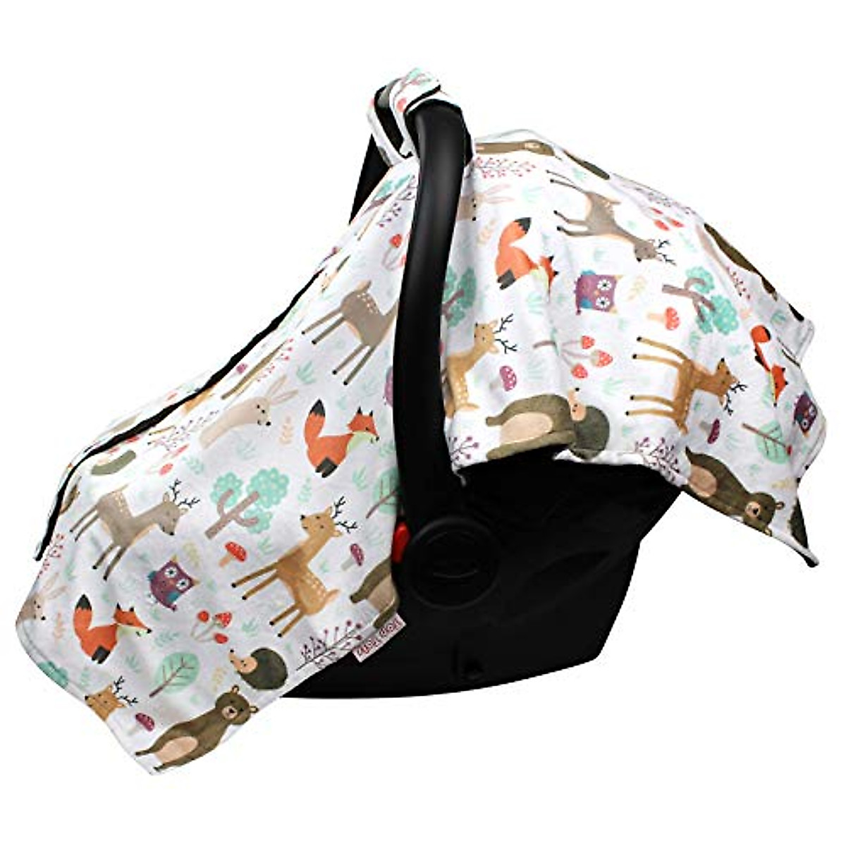 Baby Car Seat Canopy Cover - Forest Animals Bear Deer Fox Owl Rabbit with Dark Brown Minky Dot