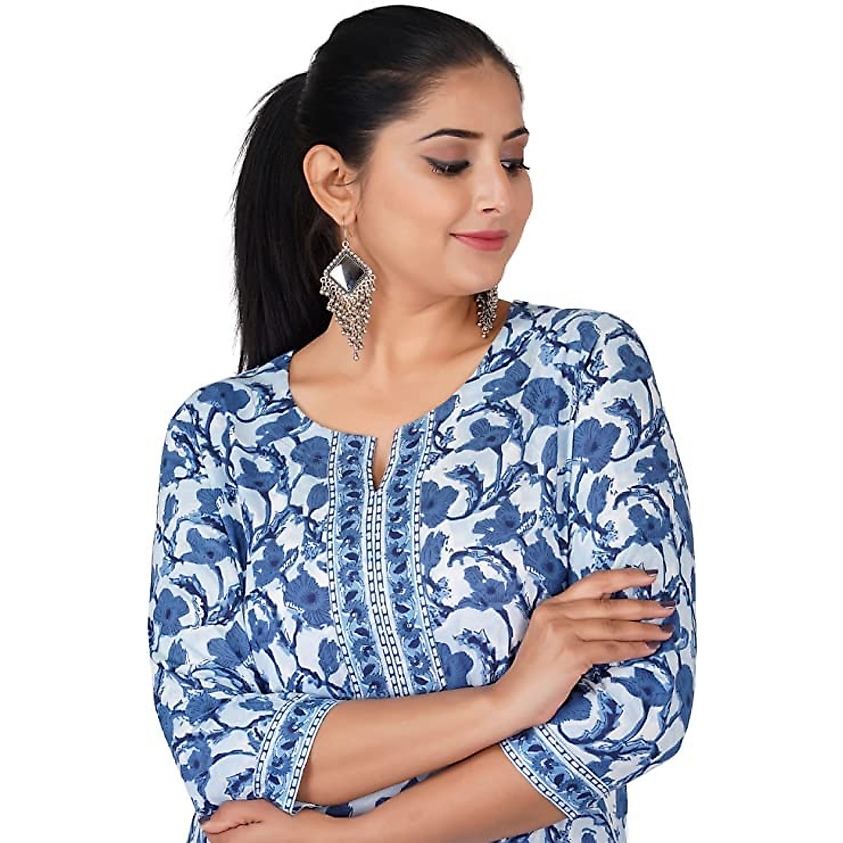 COTTON HTHRANG Indian Women's Tunics Tops, Cotton Hand Block Printed Short Kurti, Shirt, Blouse For Women Royal Blue