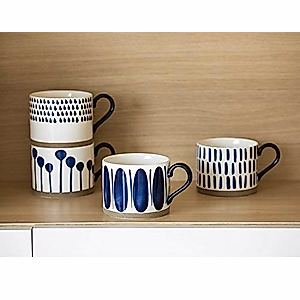 Koja Hand Painted 15 oz. Porcelain Ceramic Mugs Set. Service for 4.