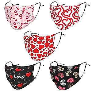 SeBneny 5 Pcs Valentine's Day Face_Mask Heart Reusable Washable Cloth Mask Red Heart Love Design Mouth Cover Wedding Facial Shield Adult Spring Face Protection Shield Balaclava Adjustable Ear Straps