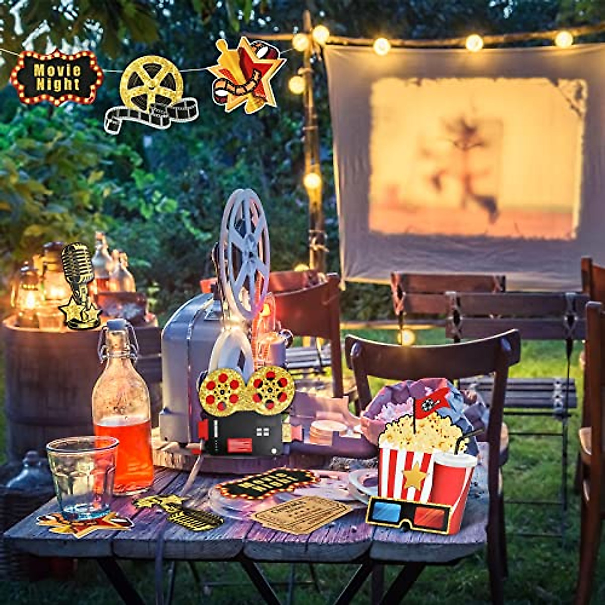 Fumete 32 Pieces Movie Night Party Cutouts Movie Party Decorations Kit Double Sided Printing Golden Black Paper Cards Red Carpet Clapboard Movie Tickets Film Reel Decor for Movie Night Party Supplies