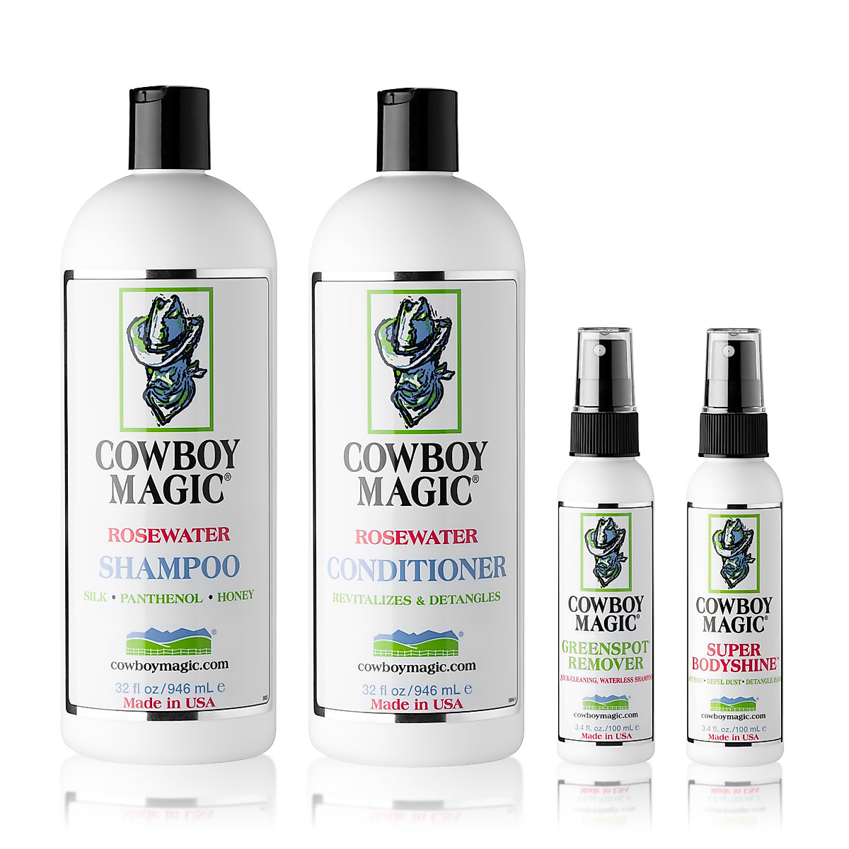 Cowboy Magic Show Ready LIMITED EDITION Box Set - 32 Oz Rosewater Shampoo, 32 Oz Conditioner, 4 Oz Greenspot Remover, 4 Oz Superbody Shine, and Bonus Gifts