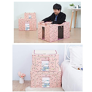 Storage Bins Boxes, Foldable Storage Bag-Capacity 72 L, Steel Frame Support Clothing Storage Bag, Quilt Collection Bag, Clothing Storage Bag With Transparent Window (Storage Bag - 1 Pack) (Pink)