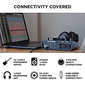 M-Audio AIR 192x6 USB C MIDI Audio Interface for Recording, Podcasting, Streaming, Studio Quality Sound, 2 XLR in and Music Production Software (Renewed)