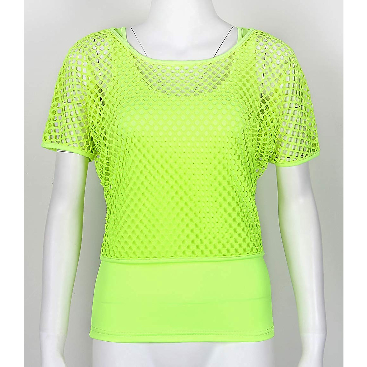 Smile Fish Women Casual Sexy 80s Costumes Fishnet Neon Off Shoulder T-Shirt (Neon-Green US 10/Tag Size L)
