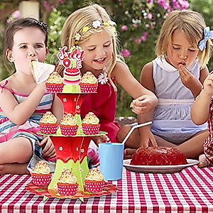 Rtteri 3 Tier Strawberry Themed Party Cupcake Stand Decorations Berry First Birthday Cupcake Holder Decor Summer Fruit Dessert Tower for Kids Girl Baby Shower Sweet 1st Birthday Party Supplies