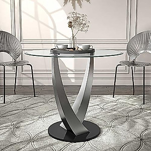 24/7 Shop at Home Brinley Modern Glass Top Counter Height Table, Pedestal Base, Seat 4 for Dining Room, Kitchen, Silver and Black