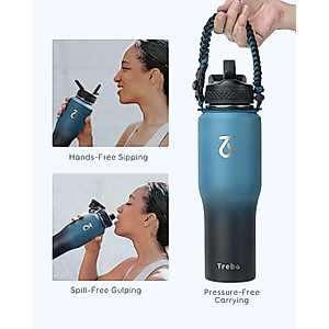 Trebo 32oz Insulated Water Bottle that Fits in Cup Holder, Stainless Steel Double Wall Tumbler Flask Bottles with Paracord Handle, with Straw Spout Lids, Keep Cold for 48 Hrs/Hot 24 Hrs,Indigo/Black