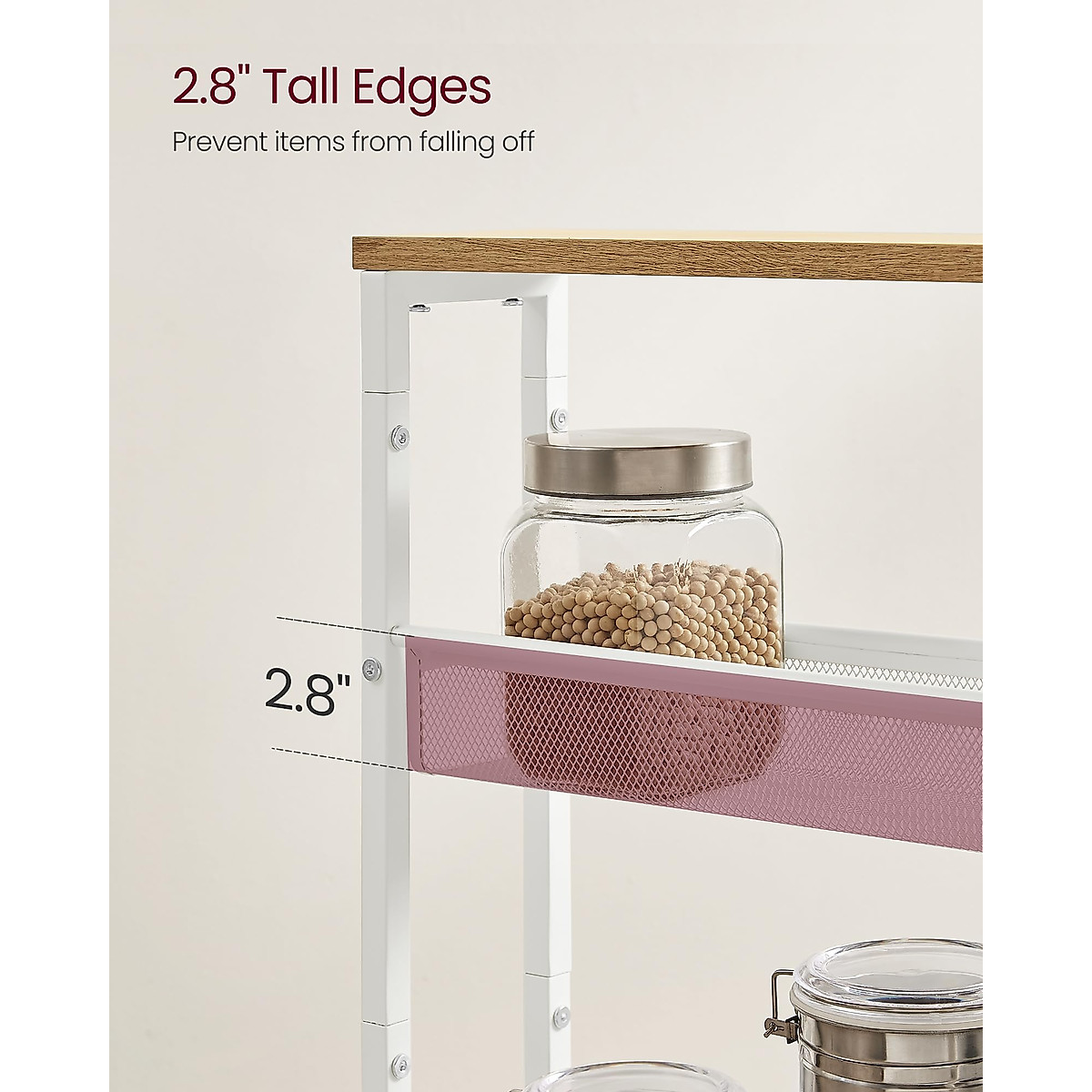 VASAGLE Slim Rolling Cart, 4-Tier Storage Cart, Narrow Cart with Handle, 5.1 Inches Deep, Metal Frame, for Kitchen, Dining Room, Living Room, Home Office, Oak Beige and Classic White ULRC032W09