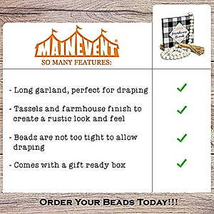 Farmhouse Wood Bead Garland Home Decor, Natural Wooden Garland for Tiered Tray, Decorative Tassel Garland for Tier Tray, Rustic Beads Centerpiece Boho Table Decor, Garland Beaded Accent White Washed