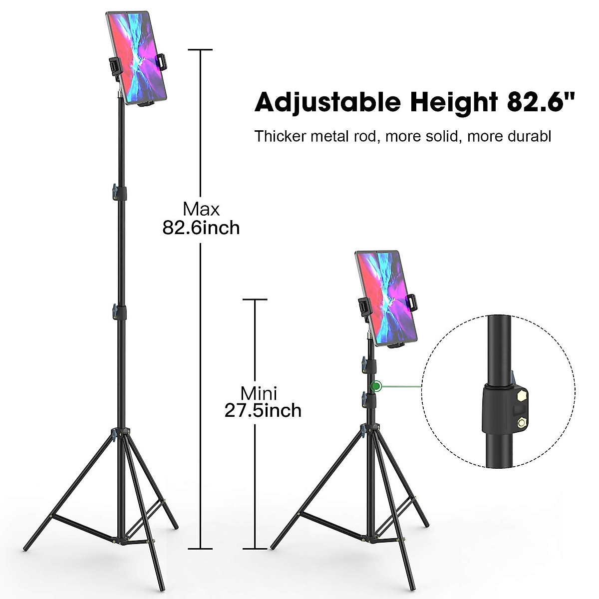 Smatree iPad Tripod Stand Floor Stand, Height Adjustable Foldable Tripod Stand for Cell Phone/Tablet/Camera/Logitech Webcam, Compatible with iPhone/iPad Pro/Mini/Air, Height Adjustable 27.5-82.6 Inch