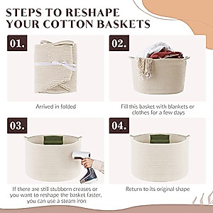 Maliton Extra Large Blanket Basket, Woven Cotton Rope Basket for Toys Towels, Pillow Basket with Handles, Nursery Laundry Basket with Storage Pockets, 20" x 13" Large Rope Baskets for Storage - White