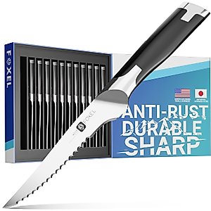 FOXEL Best Serrated Steak Knives Set of 12 - Dishwasher Safe Steak Knife Set of 12 Rust Resistant VG10 Japanese High Carbon Stainless Steel Blade w/Full Tang Handle - Gift Box Set