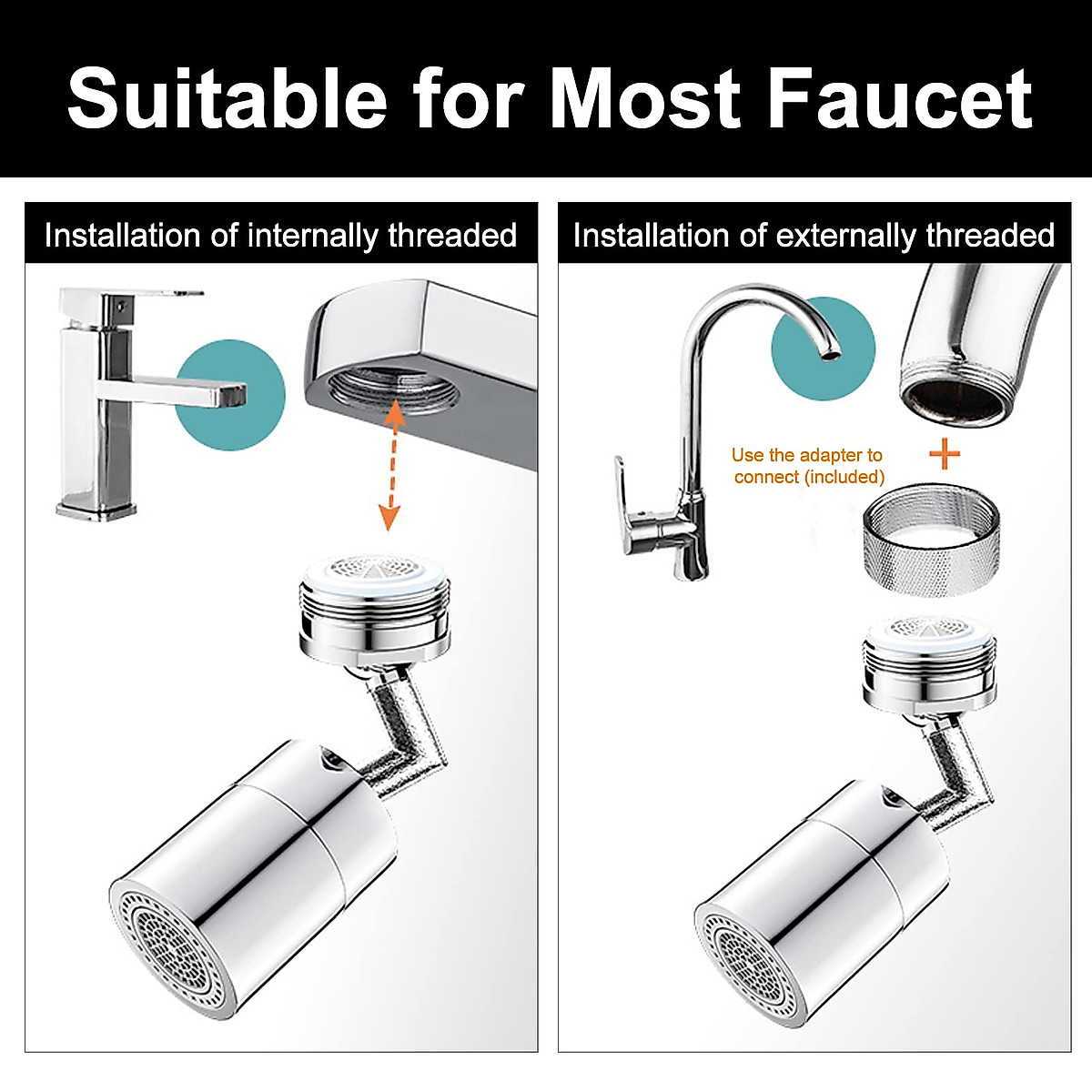 VJJB Faucet Extender,Universal Splash Filter 720 Rotating Faucet, Swivel Sink Faucet Aerator for Face Washing, Eye Flush and Gargle, 2 Water Outlet Modes for Kitchen and Bathroom Sink (With Adapter)