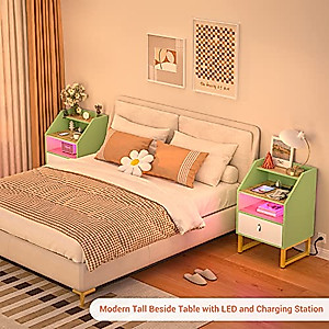 Cyclysio Nightstand with Charging Station and LED Light, 30 Inches Tall Night Stand with Top Baffle,Super Large Storage Space Bedside Tables for Bedroom, Sofa Side