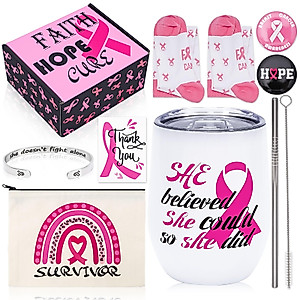 Whaline 8Pcs Breast Cancer Awareness Gifts Set for Women Survivor with Pink Ribbon Gift Box Tumbler Bracelet Makeup Bag Greeting Card Badge Socks for Hospital Fundraising Supplies