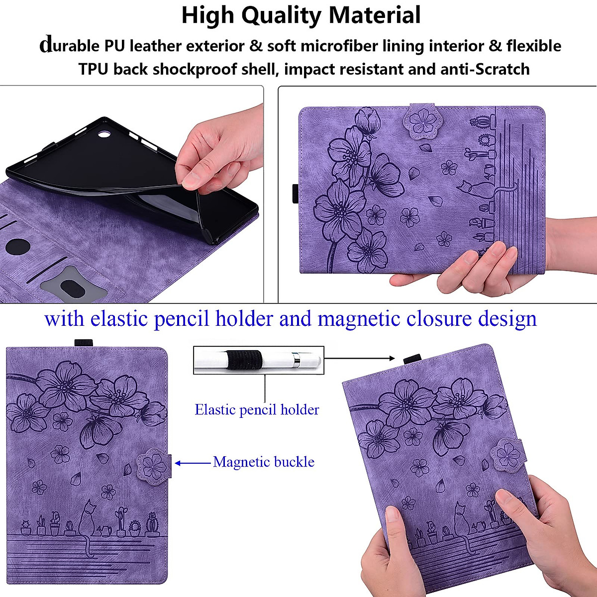 UUcovers for iPad 10th Generation 10.9 inch Case 2022 with Stand/Pencil Holder/Pocket/Magnetic Smart Embossed Flower PU Leather Folio Cover,Auto Wake/Sleep & Multiple Angles,Cherry Blossom Purple Cat